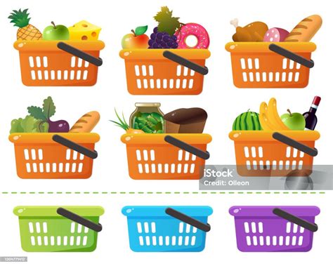 흰색 배경에 상품식료품 바구니 또는 음식 바구니의 색상 이미지 쇼핑 및 구매 어린이를 위한 벡터 그림 집합입니다 바구니에 대한 스톡 벡터 아트 및 기타 이미지 Istock