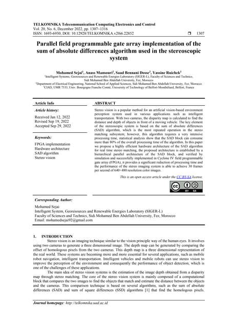 Parallel Field Programmable Gate Array Implementation Of The Sum Of Absolute Differences