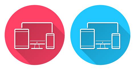데스크톱 컴퓨터 태블릿 Pc 및 스마트 폰 빨간색 또는 파란색 배경에 긴 그림자가 있는 둥근 아이콘 Brand Name Smart Phone에 대한 스톡 벡터 아트 및 기타