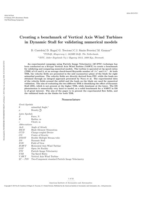 Pdf Creating A Benchmark Of Vertical Axis Wind Turbines In Dynamic