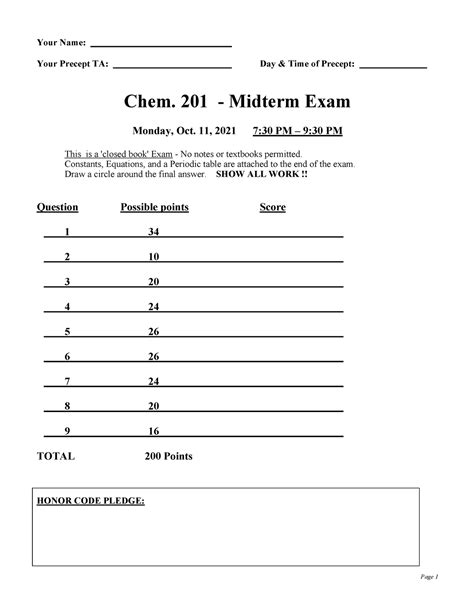 CHM Fall Midterm Your Precept TA Day Time Of Precept Chem Midterm Exam