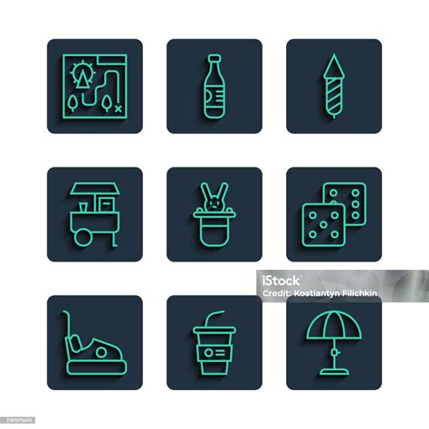 세트 라인 범퍼카 물과 종이 유리 태양 보호 우산 불꽃 놀이 로켓 마술사 모자와 토끼 패스트 스트리트 푸드 카트 놀이 공원지도 및 게임 주사위 아이콘 벡터 거리에 대한 스톡