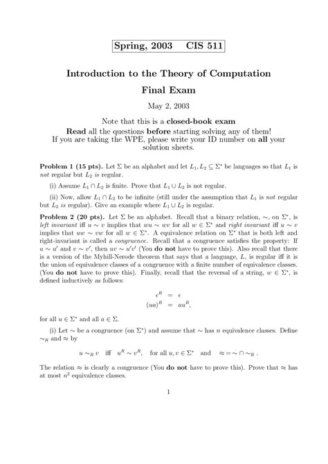 Final Exam Problems With Answers For Theory Of Computation Cis 511