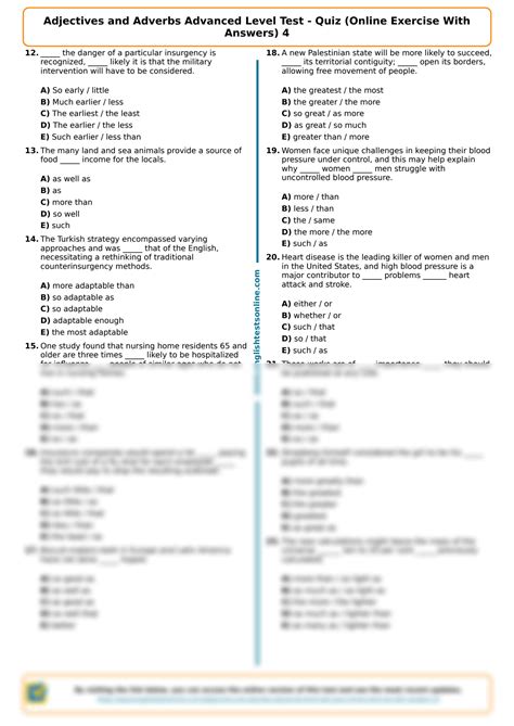 SOLUTION Adjectives And Adverbs Advanced Level Test Quiz Online Exercise With Answers