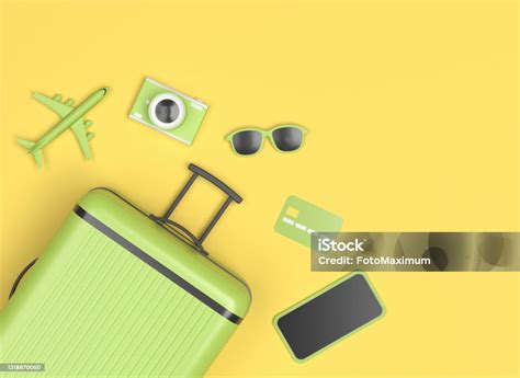 선글라스 카메라 스마트폰 신용 카드 노란색 배경에 작은 비행기가 있는 플랫 레이 그린 가방 3d 렌더링 신용 카드에 대한 스톡