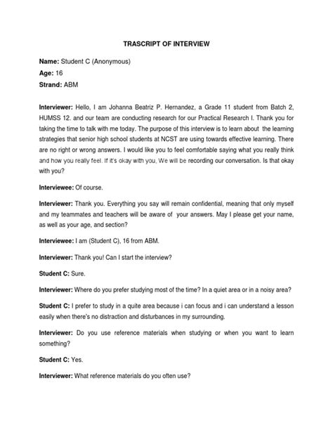 Transcript Of Interview Practical Research 1 Appendices Pdf Pedagogy Learning