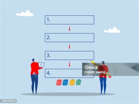 사업가가 단계별로 개요 절차 및 워크 플로우 계획 프로세스 또는 프로젝트를 완료하기위한 순서 표준 또는 회사 정책 벡터 가상