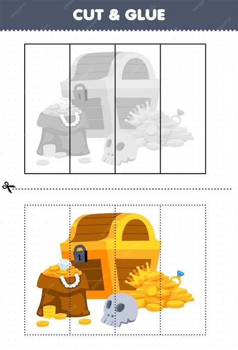 귀여운 만화 보물 상자 인쇄 가능한 해적 워크시트로 아이들을 위한 교육 게임 잘라 붙이기 프리미엄 벡터