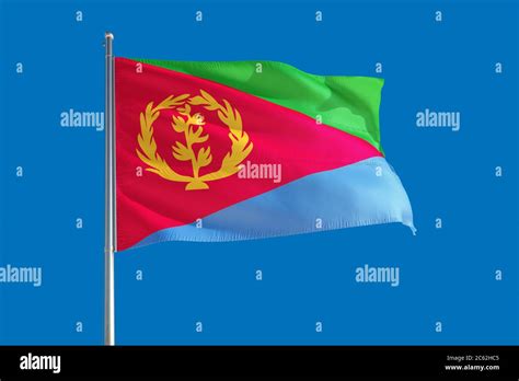 Eritrea National Flag Waving In The Wind On A Deep Blue Sky High Quality Fabric International
