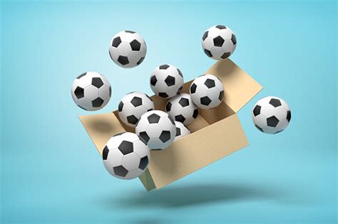 밝은 파란색 배경에 공중에 축구의 전체 골판지 상자의 3d 렌더링 공 스포츠 장비에 대한 스톡 사진 및 기타 이미지 공