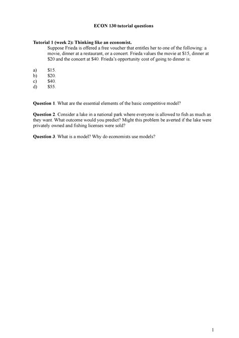 Tutorial Questions ECON 130 Tutorial Questions Tutorial 1 Week 2 Thinking Like An Economist