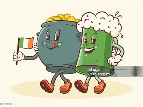 세인트 패트릭 데이 그루비 맥주 탱크와 골드 코인 냄비 복고풍 캐릭터 보물 가마솥 벡터 아일랜드 봄 휴일 마스코트 템플릿과 만화 그린 에일 머그잔 행복 빈티지 일러스트 격리