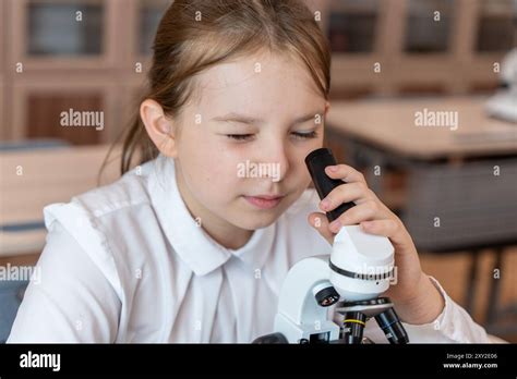A Scientist Looks Through A Microscope In A Classroom Hi Res Stock