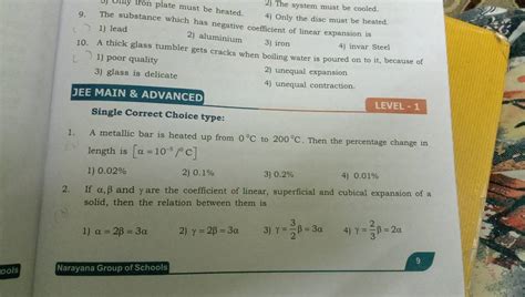 JEE MAIN ADVANCED Single Correct Choice Type A Metallic Bar Is Heated