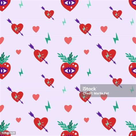 발렌타인 데이 하트와 번개 벡터 완벽 한 패턴입니다 귀여운 사랑 디지털 종이 감정에 대한 스톡 벡터 아트 및 기타 이미지