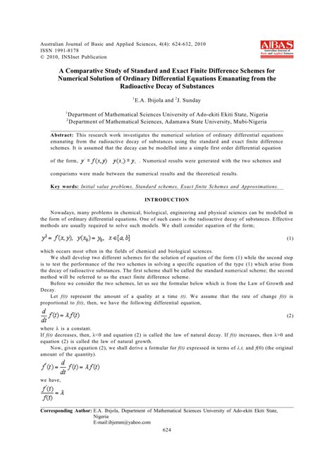 PDF A Comparative Study Of Standard And Exact Finite Difference Schemes For Numerical Solution