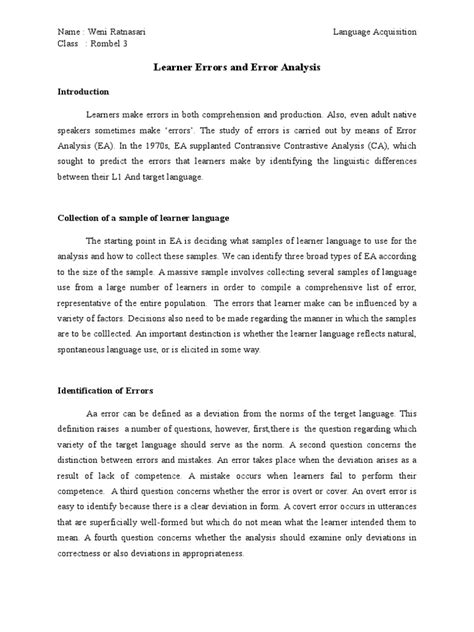 Learner Errors And Error Analysis Weni Pdf Second Language Error