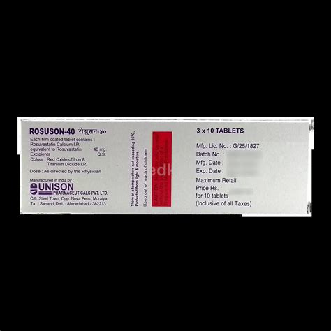 Rosuson 40mg Tablet 10s View Price Combination And Alternatives Medkart