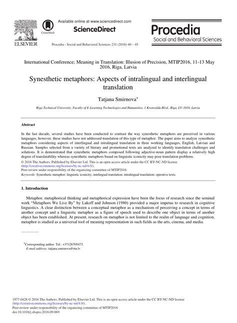Pdf Synesthetic Metaphors Aspects Of Intralingual And Interlingual Translation
