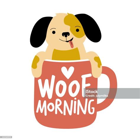 컵에 앉아 귀여운 만화 스타일의 개와 벡터 그림 우보 아침 재미있는 글자 문구입니다 0명에 대한 스톡 벡터 아트 및 기타 이미지 0명 가정 생활 가축 Istock