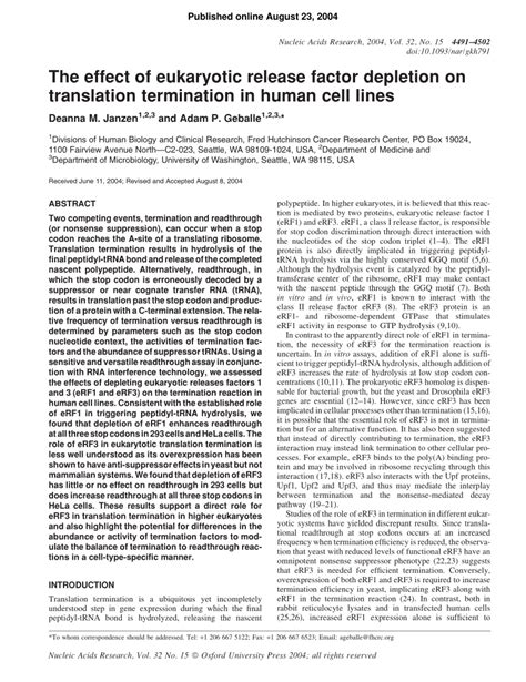 Pdf The Effect Of Eukaryotic Release Factor Depletion On Translation Termination In Human Cell