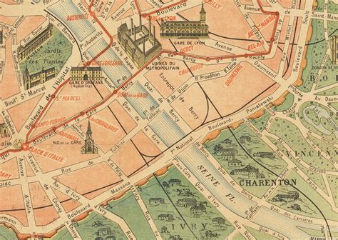 Old Map Of Paris Métro And Landmarks 1920 By Robelin Eiffel Tower Louvre Champs Elysees