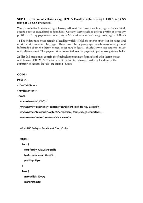 Sop 1 Sjjsks Sop 1 Creation Of Website Using Html5 Create A