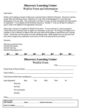 Fillable Online Familydevelopmentcenter Discovery Learning Center Waitlist Form And Information