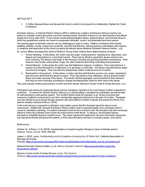 Mft 613 Discussion Post Week 7 Mft 612 Dp 7 1 Define Spousal Abuse Mft 613 Discussion Post Week 7 Mft 612 Dp 7 1 Define Spousal Abuse