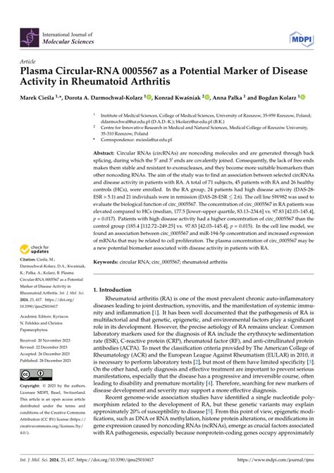 Pdf Plasma Circular Rna 0005567 As A Potential Marker Of Disease