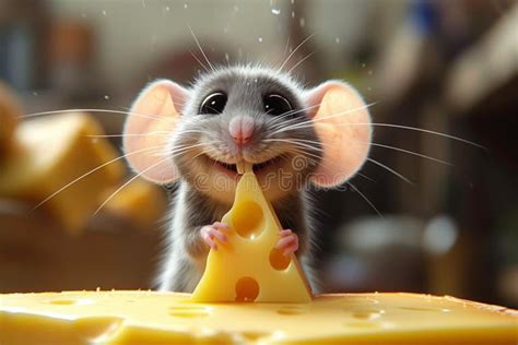Adorable Cartoon Mouse Interacts With A Tempting Wedge Of Cheese Stock