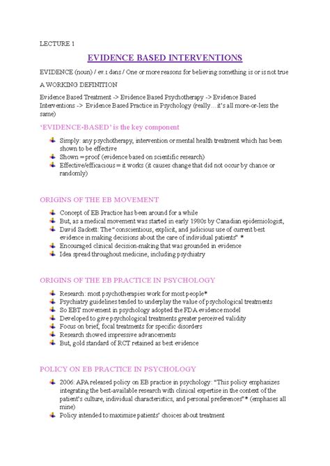 EBT WEEK 1 LECTURE NOTES LECTURE 1 EVIDENCE BASED INTERVENTIONS EVIDENCE noun ev ɪ dəns