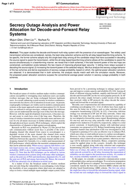 Pdf Secrecy Outage Analysis And Power Allocation For Decode And Forward Relay Systems