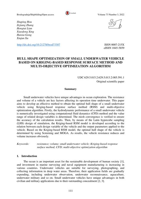 Pdf Hull Shape Optimization Of Small Underwater Vehicle Based On Kriging Based Response