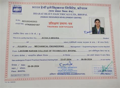 Completed My Training At Bharat Heavy Electricals Achala Mishra