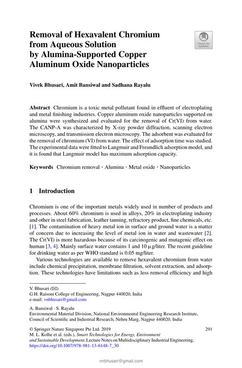 Pdf Removal Of Hexavalent Chromium From Aqueous Solution By Alumina Supported Copper Aluminum