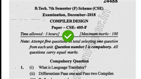 2018 Mdu BTech CSE 7th Sem Compiler Design Question Paper
