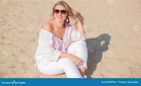 Plus Size Woman At Beach Clothes Collection Stock Image Image Of