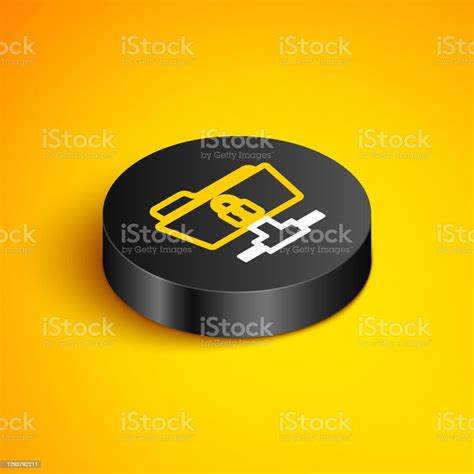 노란색 배경에서 격리된 등소 선 Ftp 폴더 및 잠금 아이콘입니다 소프트웨어 업데이트 Ftp 전송 프로토콜의 개념 보안 안전 보호 개념 검은 색 원 버튼 벡터 3차원 형태에