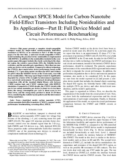 Pdf A Compact Spice Model For Carbon Nanotube Field Effect Transistors Including Nonidealities