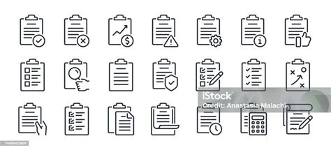 클립보드 검사 목록 보고서 설문 조사 또는 계약 편집 가능한 획 개요 아이콘은 흰색 배경 평면 벡터 그림에 격리되어 있습니다