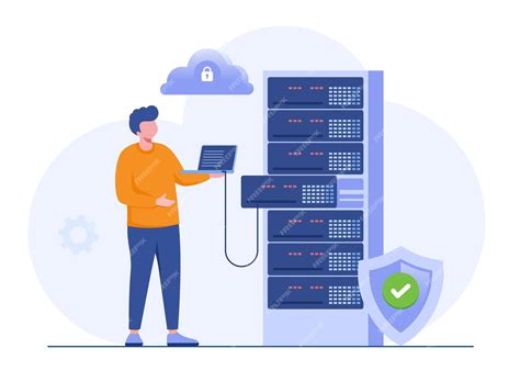 데이터 서버 개념 스토리지 기술 클라우드 시스템 데이터베이스 사람 장면의 템플릿 웹 사이트 폴더 데이터 센터에 대한 플랫 디자인의 문자 활동이 있는 벡터 그림 프리미엄 벡터