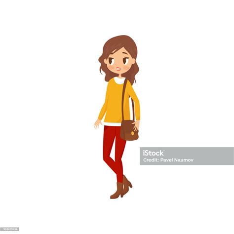 스웨터 바지 굽 높은 부츠와 핸드백 어깨에 젊은 학생 소녀 평면 벡터 디자인 귀여운에 대한 스톡 벡터 아트 및 기타 이미지 귀여운 다중 색상 만화 Istock
