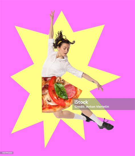 현대 미술 콜라주 핑크색 배경에 고립 된 피자 스커트 춤을 추는 여성과 창조적 인 다채로운 디자인 피자에 대한 스톡 사진 및 기타 이미지 Istock