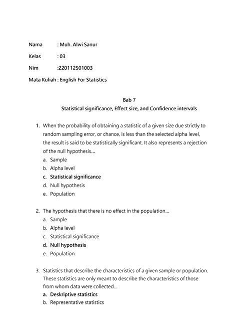 Pilihan Ganda Chapter 7 Statistical Significance Effect Size And
