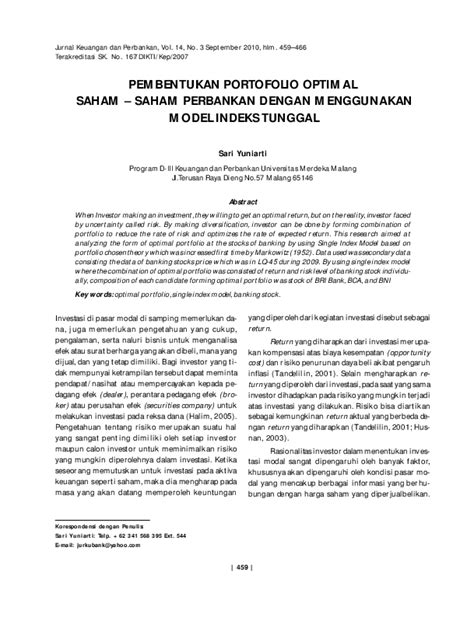 Pdf Pembentukan Portofolio Optimal Saham Saham Perbankan Dengan Menggunakan Model Indeks Tunggal
