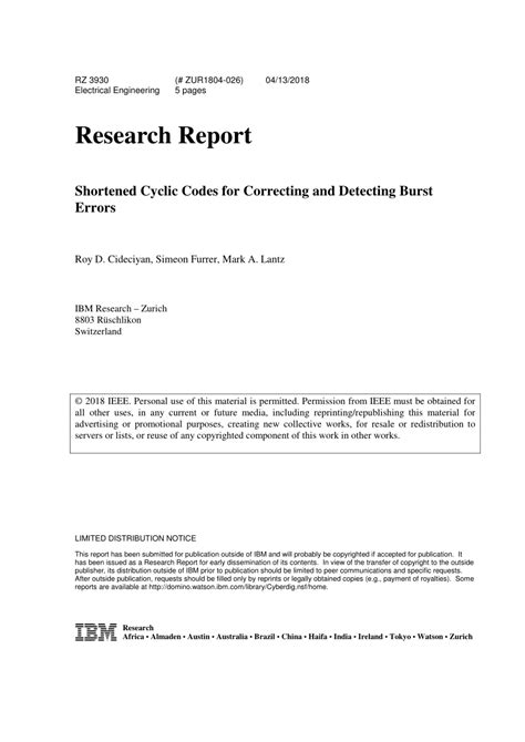 Pdf Shortened Cyclic Codes For Correcting And Detecting Burst Errors