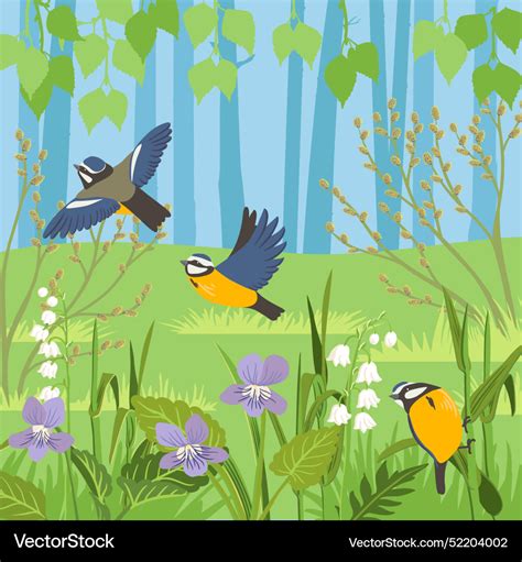 Drawing Birds In Forest Royalty Free Vector Image