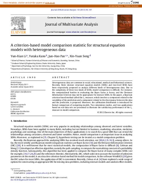 Pdf A Criterion Based Model Comparison Statistic For Structural Equation Models With
