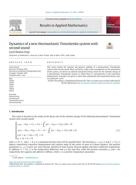 Pdf Dynamics Of A New Thermoelastic Timoshenko System With Second Sound